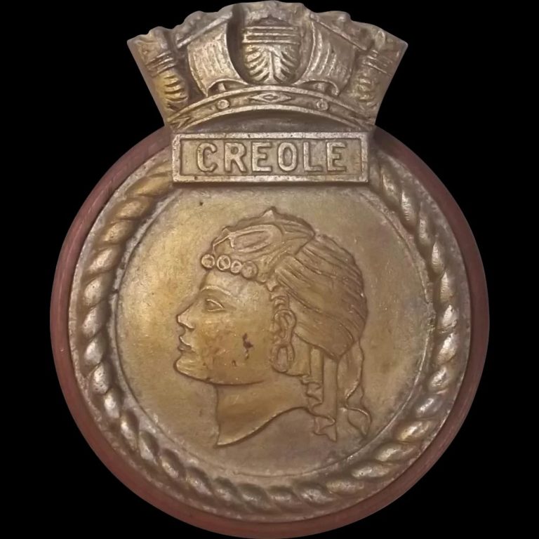 HMS Creole, Aluminium Ships Crest – Mess Badge - Mounted - Sally Antiques