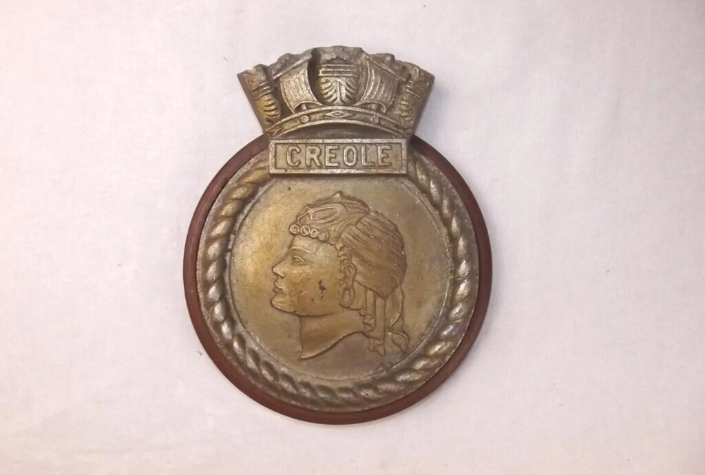 HMS Creole, Aluminium Ships Crest – Mess Badge - Mounted - Sally Antiques