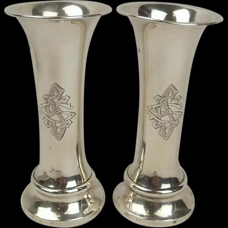 Pair Of Small Silver Monogrammed Bud Vases Birmingham 1913 - Sally Antiques