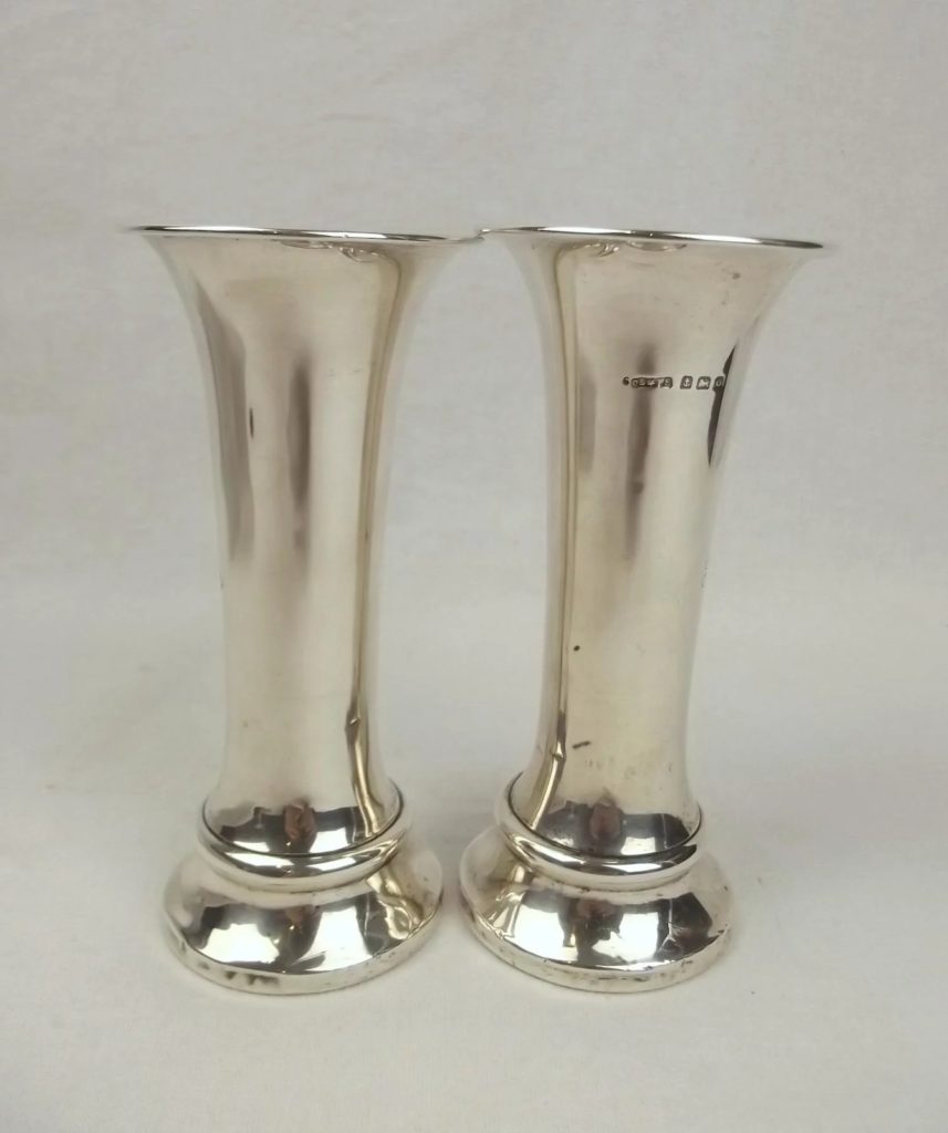 Pair Of Small Silver Monogrammed Bud Vases Birmingham 1913 - Sally Antiques