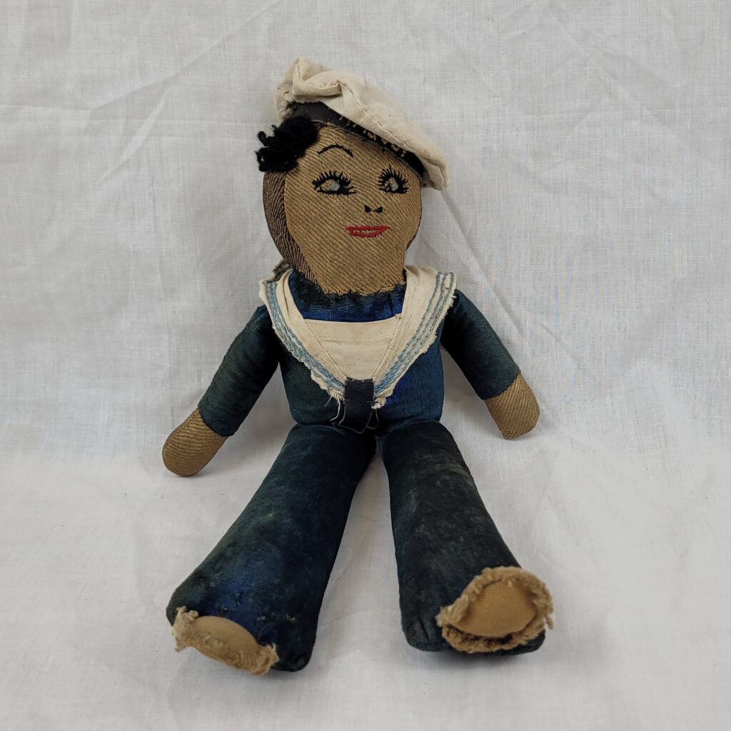 1930s Cloth Sailor Homemade Doll With HMS Joy Cap Tally - Sally Antiques
