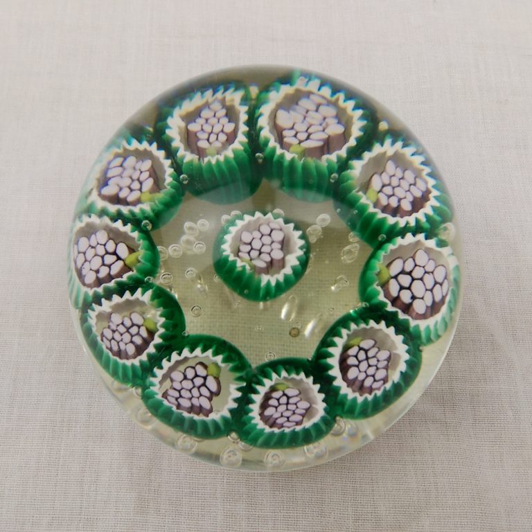Green And White Millefiori Flowers Paperweight - Sally Antiques