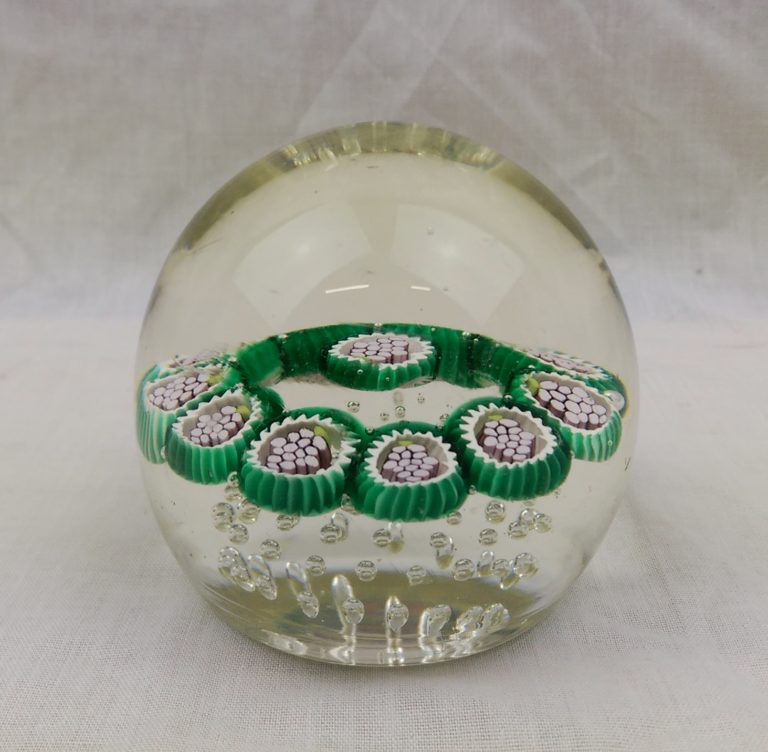 Green And White Millefiori Flowers Paperweight - Sally Antiques