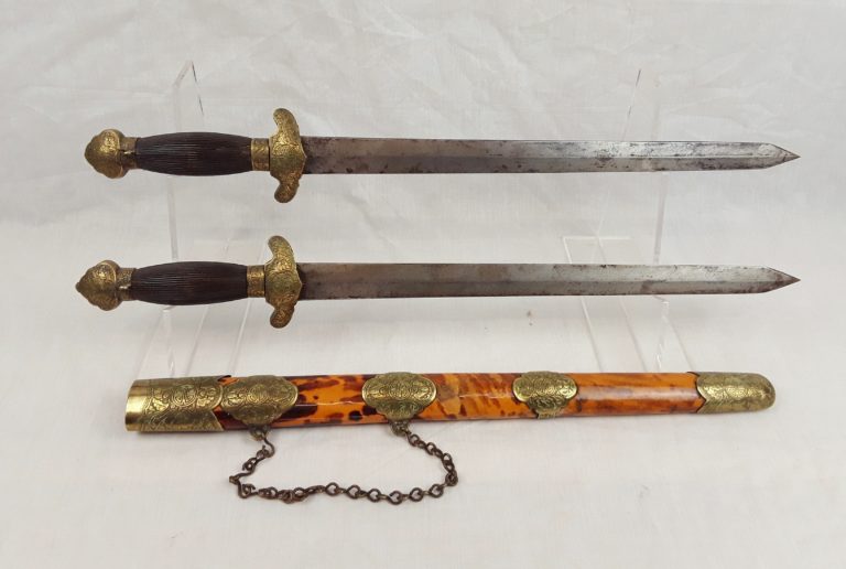 Circa 1800 Chinese Double Jian Short Swords With Scabbard - Sally Antiques
