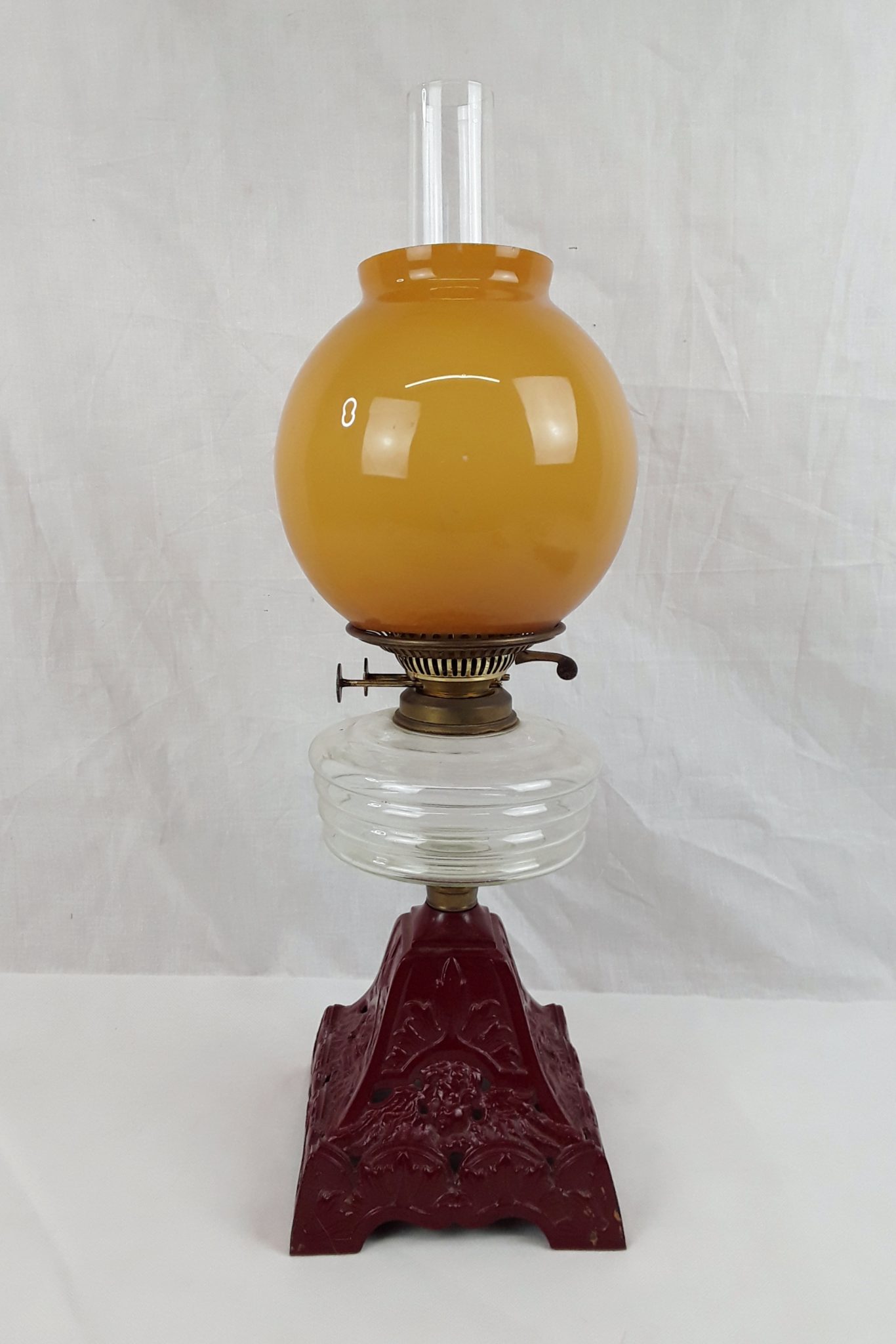 Victorian Oil Lamp Cast Iron Base And Orange Glass Shade - Sally Antiques