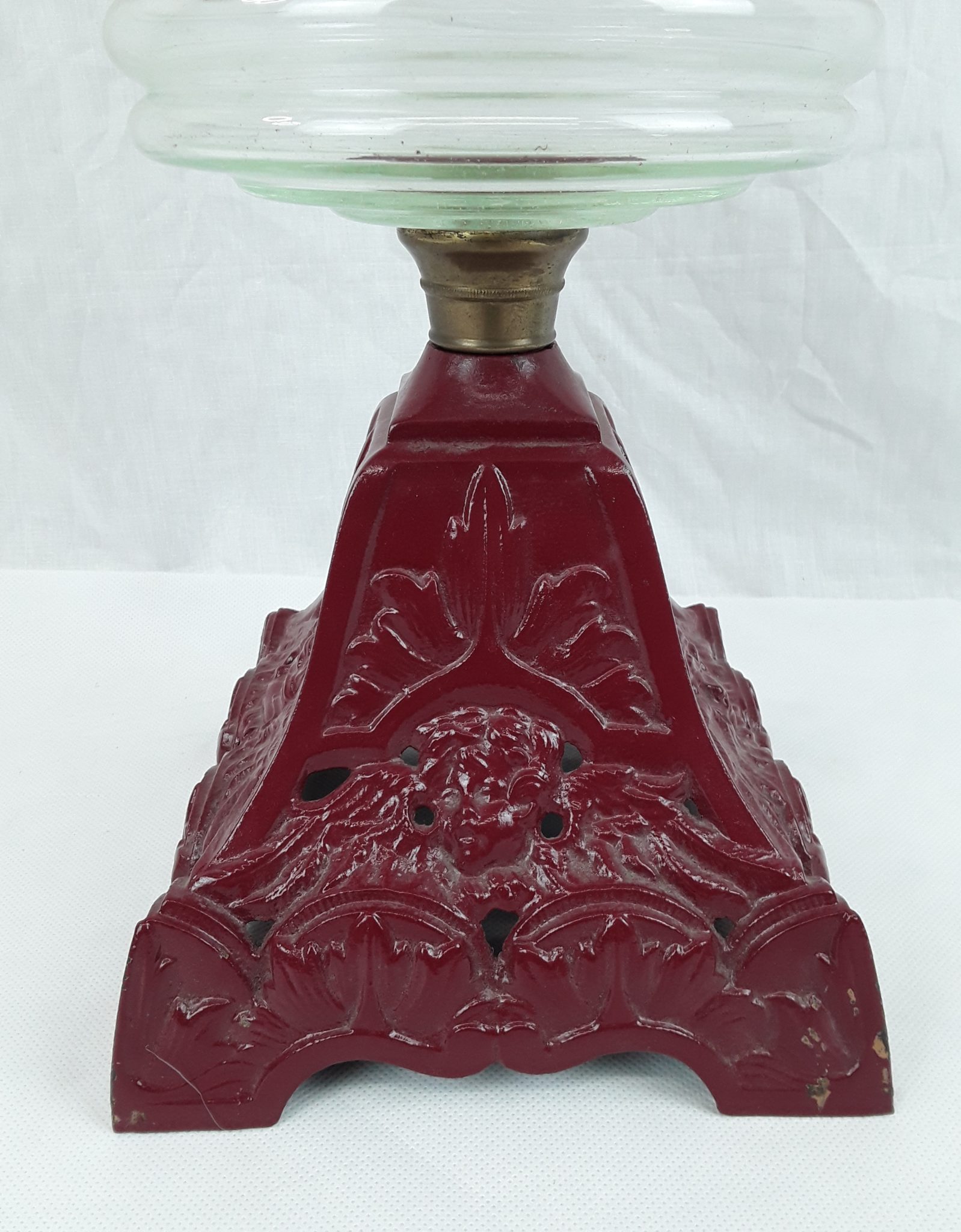 Victorian Oil Lamp Cast Iron Base And Orange Glass Shade - Sally Antiques