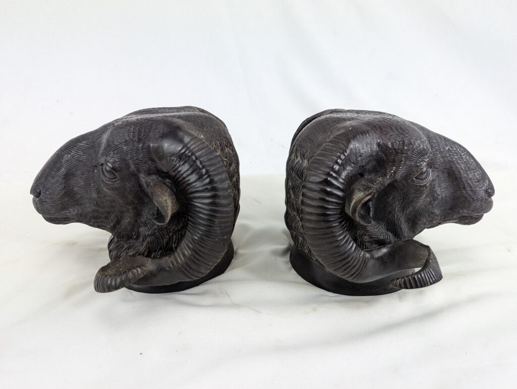 Pair of Heavy Bronze Rams’ Heads - Sally Antiques
