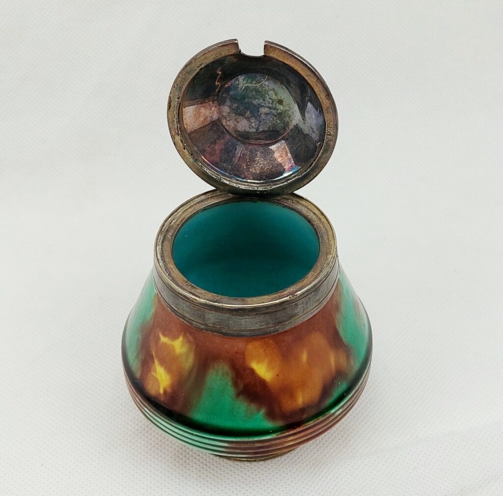 Portsea Victorian Pewter Lidded Majolica Honey Pot - Sally Antiques