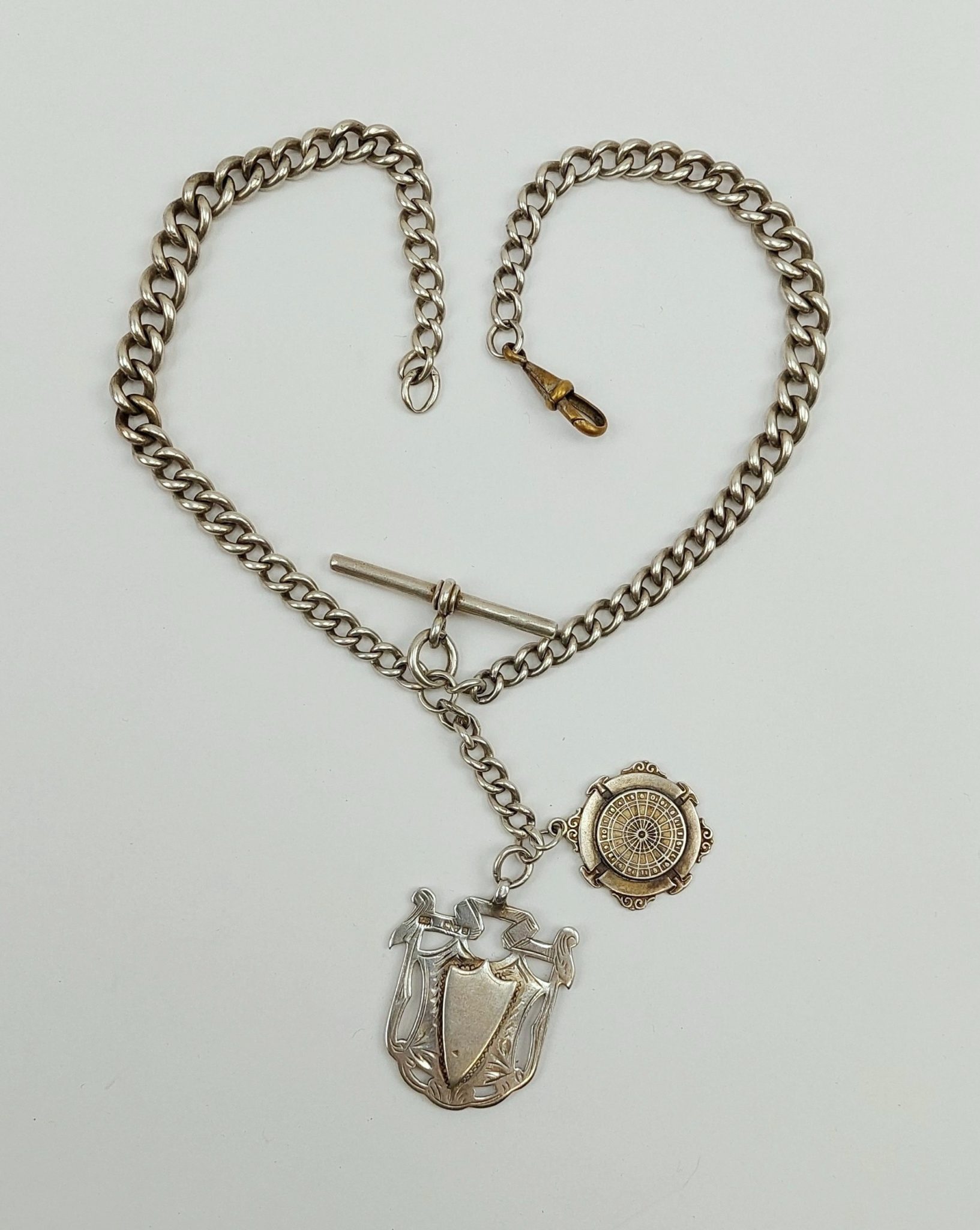 Sterling Silver Albert T Bar Watch Chain With 2 Fobs - Sally Antiques