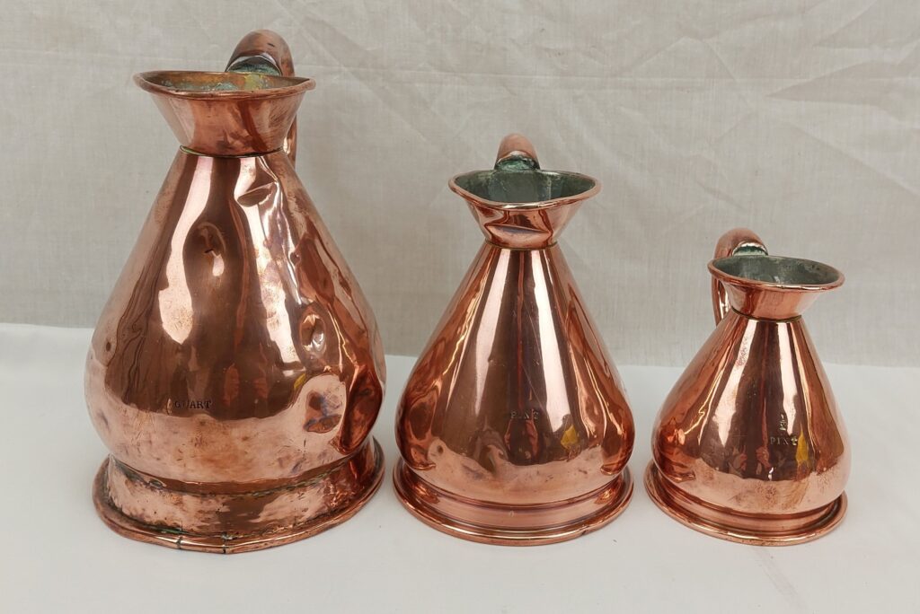 Complete Set Of 7 Royal Navy Copper Lipped Rum Measures - Sally Antiques