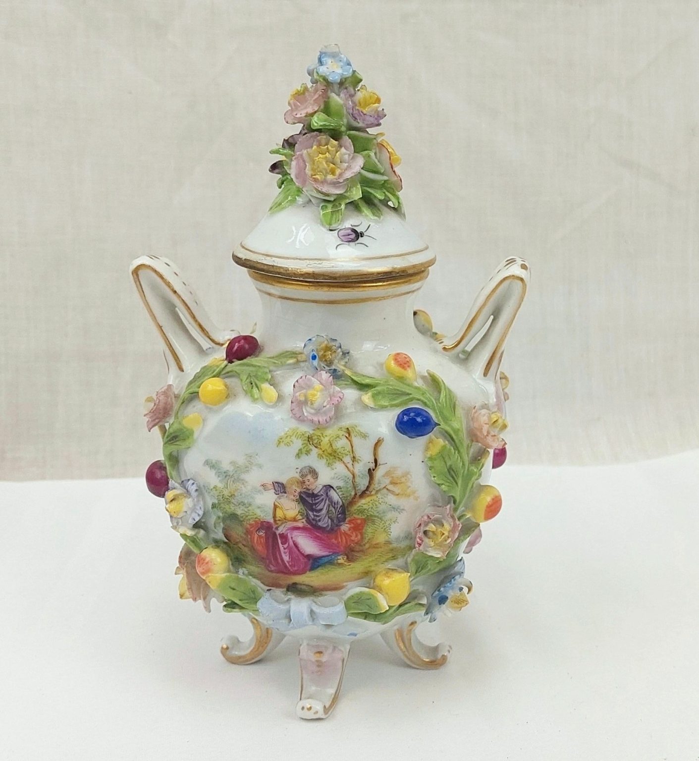 c1860 Carl Thieme Flower Encrusted Small Twin Handled Pot - Sally Antiques