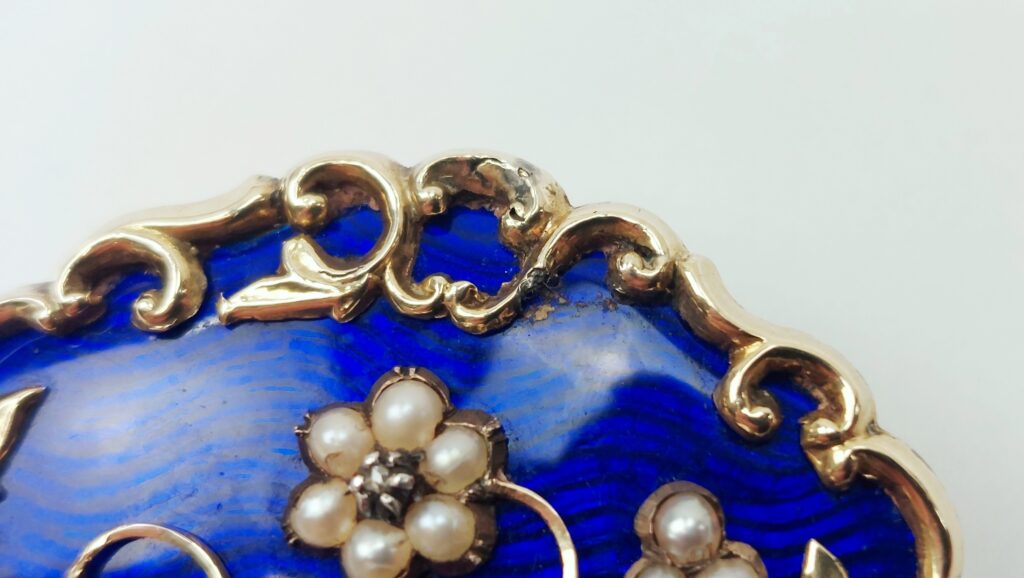 Victorian Gold & Blue Enamel Pearl & Diamond Mourning Brooch - Sally ...