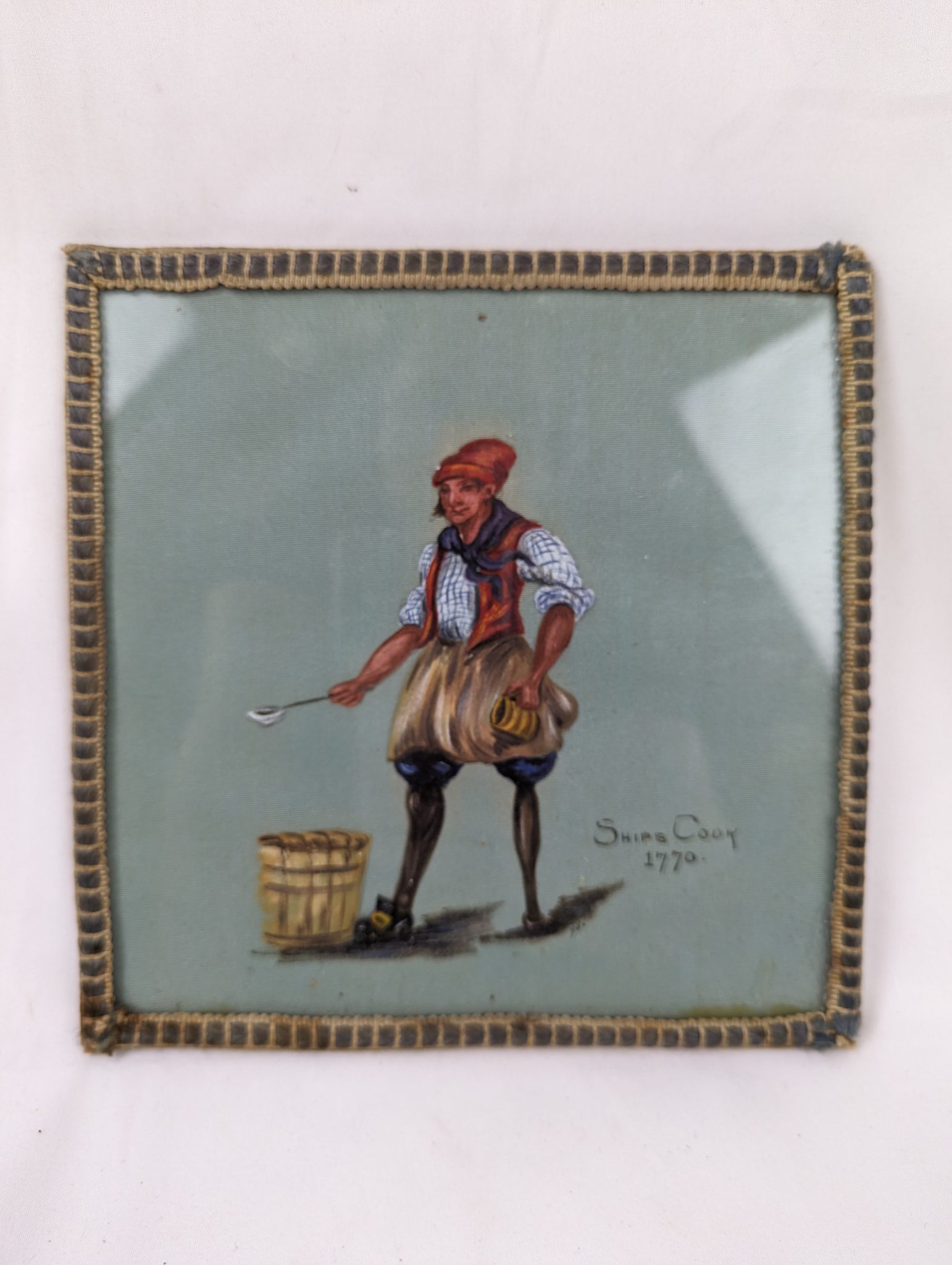 1940s Painting On Silk Of A Royal Navy Ships Cook 1770 - Sally Antiques