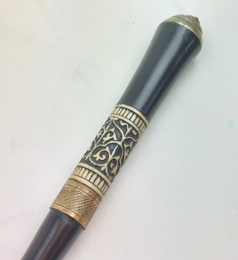Ornate Black Walking Stick with Silver & Ivory Decoration - Sally Antiques