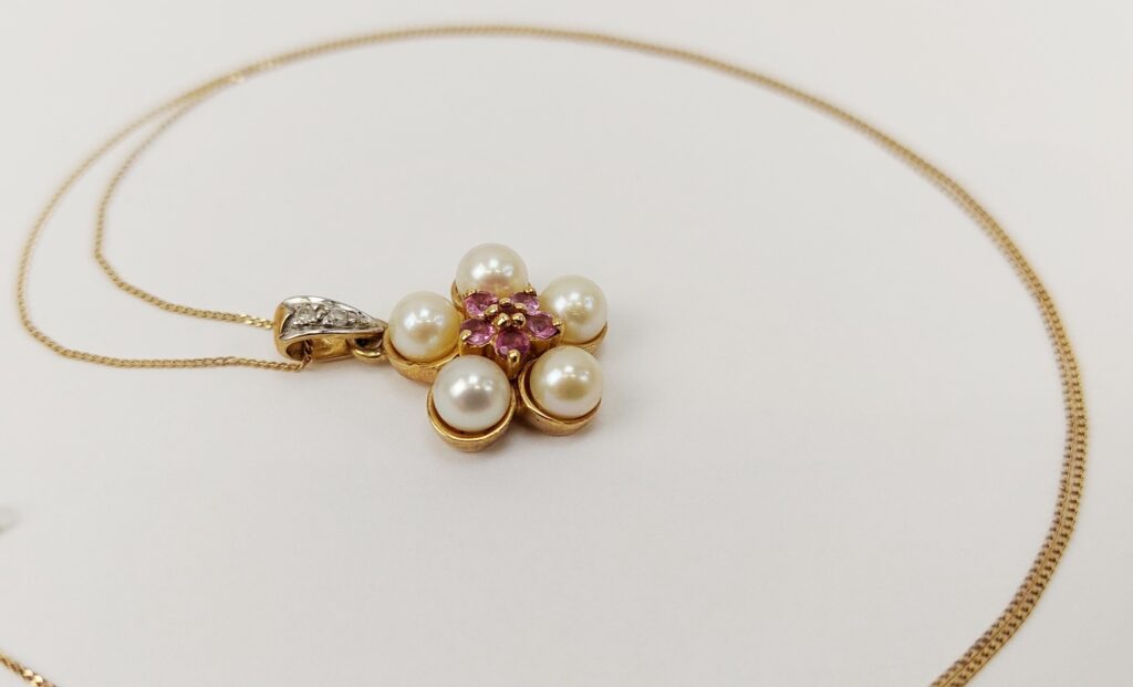 9ct Gold Pearl, Sapphire, Ruby & Diamond Pendant Necklace – 18 Inches ...
