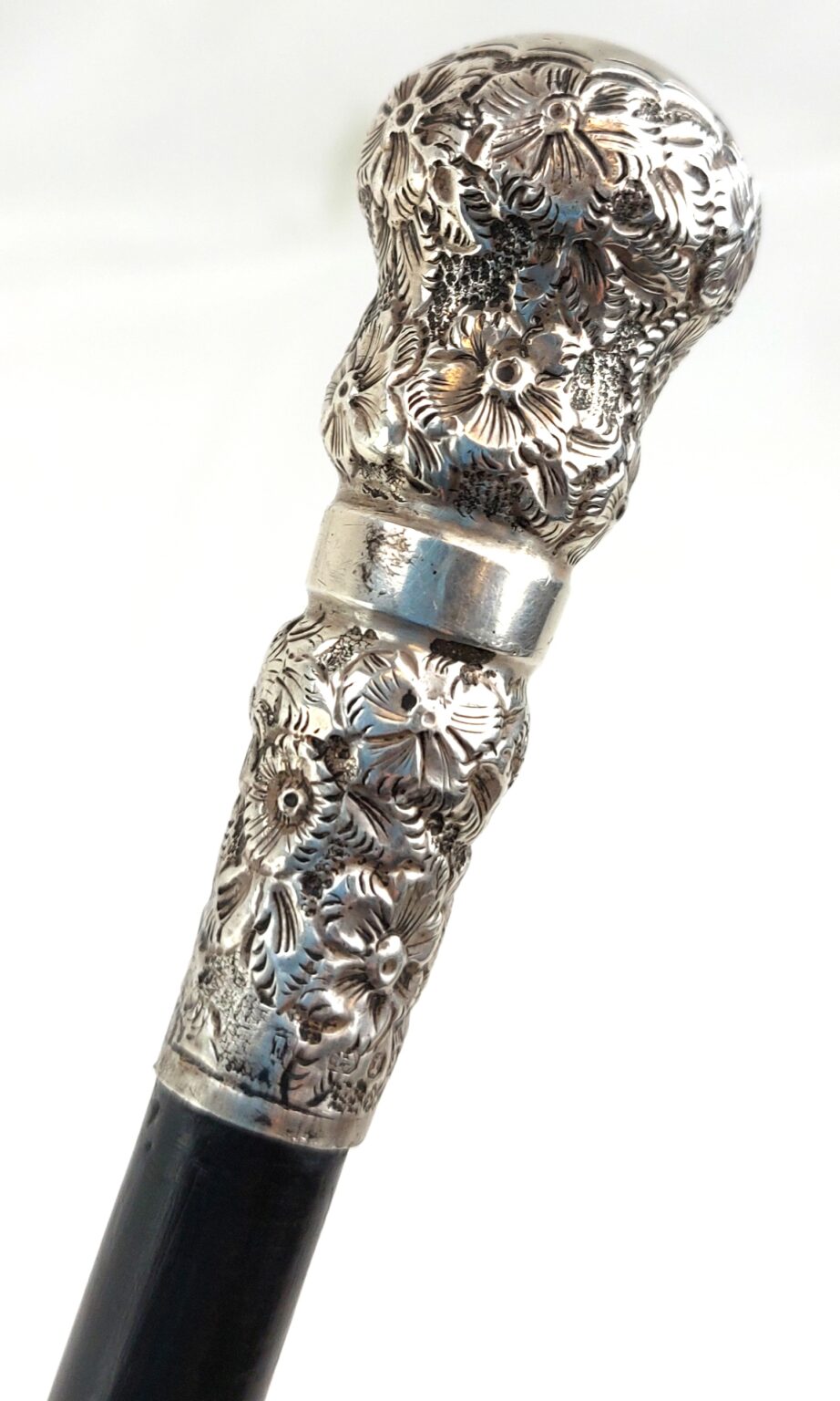 Ornate, Silver Tipped, Black, Slim, Walking Stick - Sally Antiques