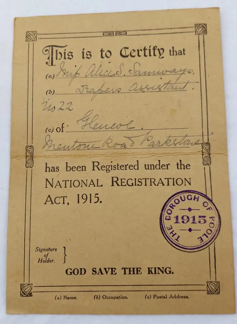 British, WW1, National Registration Act 1915 Identity Card, 'Miss Alice ...