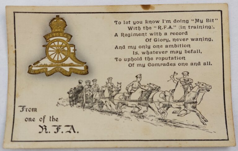 British, WW1, Royal Field Artillery Postcard, with embossed badge ...