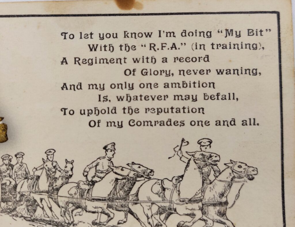 British, WW1, Royal Field Artillery Postcard, with embossed badge ...