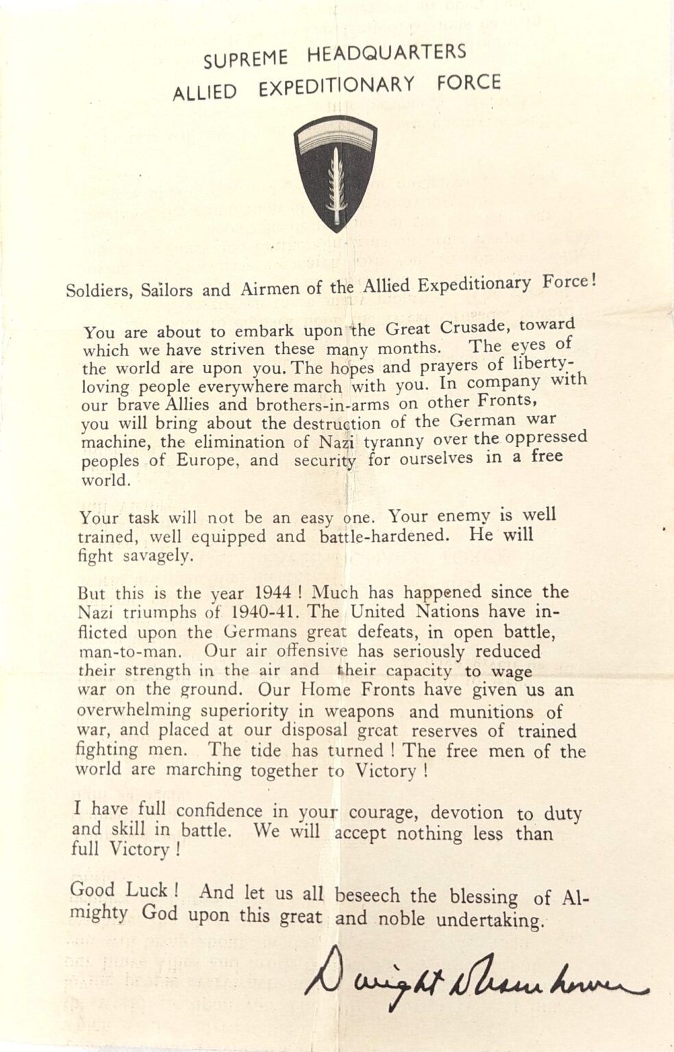 USA, WW2, Order of the Day for D-Day, Supreme Headquarters Allied ...