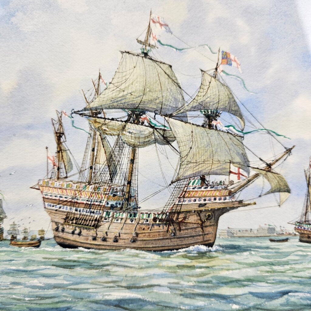 Framed Watercolour Of The Mary Rose At Spithead 1545AD By Colin Baxter ...