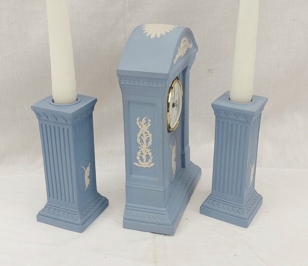 Wedgwood Jasperware Clock And Candlestick Set - Sally Antiques