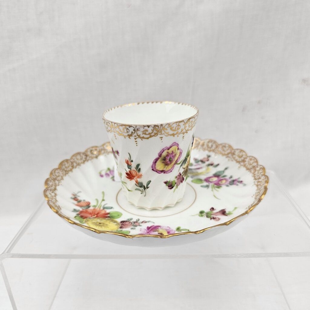 c1900 Dresden Fluted Hand Painted Tea Cup And Saucer - Sally Antiques