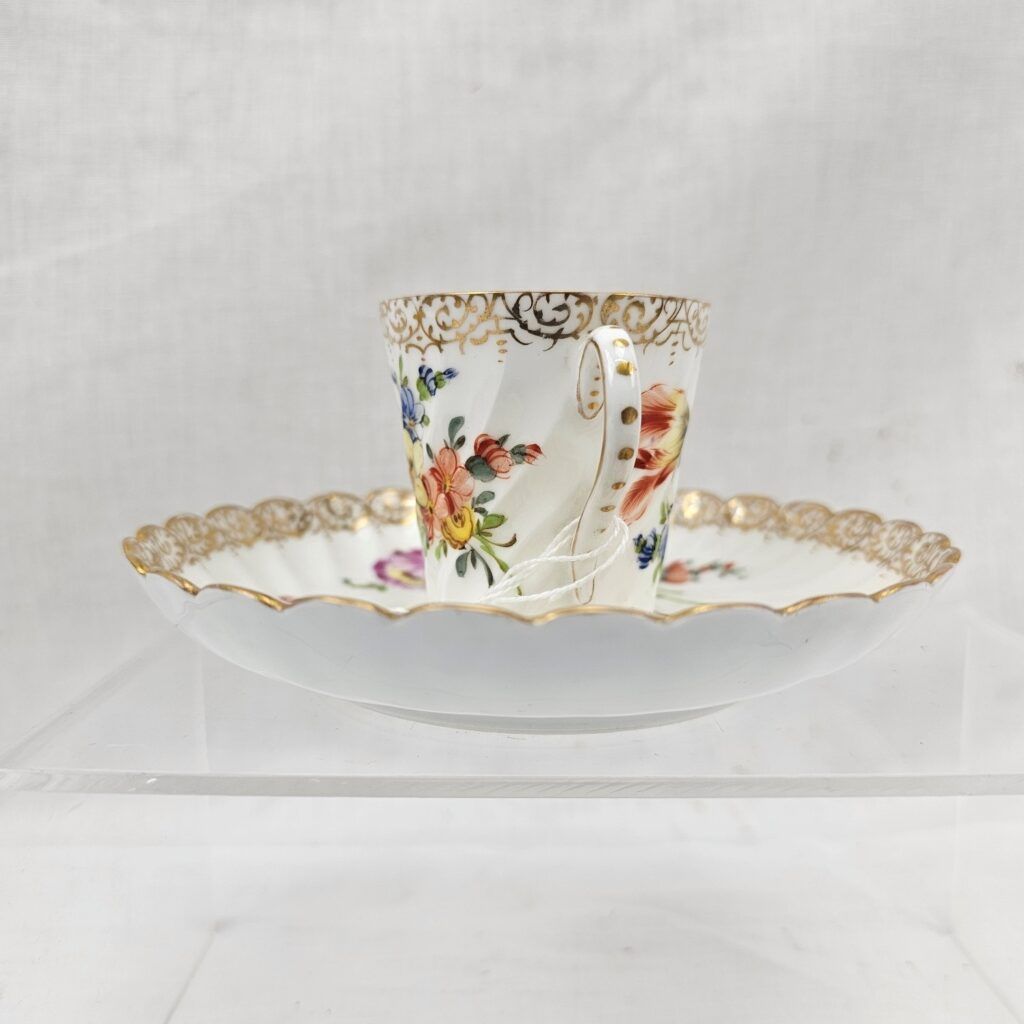 c1900 Dresden Fluted Hand Painted Tea Cup And Saucer - Sally Antiques