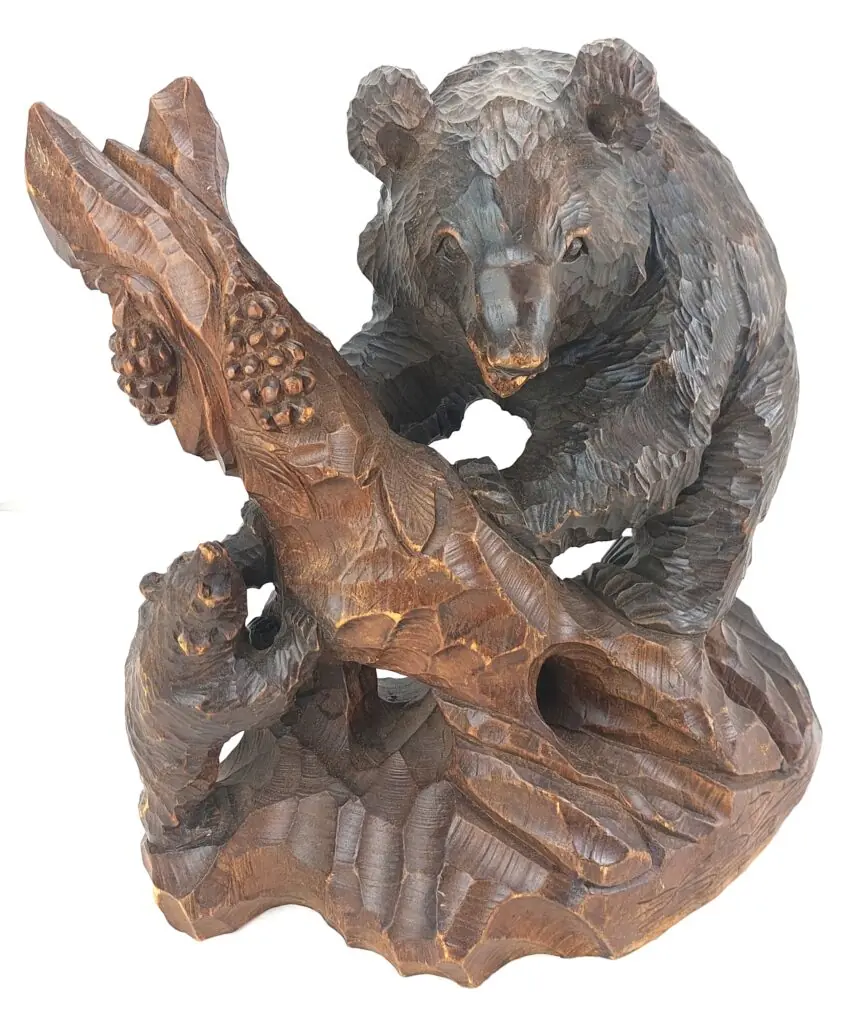 Japanese, Kibori Kuma Carving of Bear with Cub Foraging for Food ...