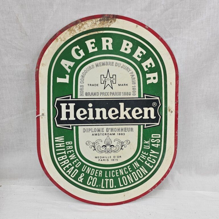 Vintage Heineken Lager Beer Enamel Advertising Sign - Sally Antiques