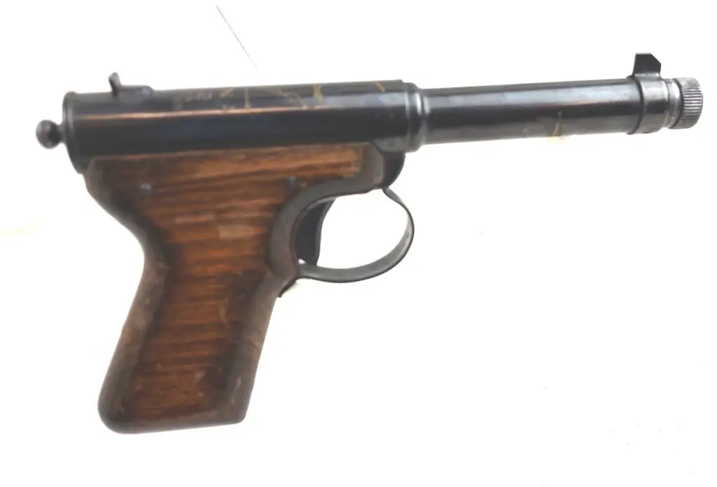 British, Diana Model Number 2 Gat Type Air Pistol, with smooth wooden ...