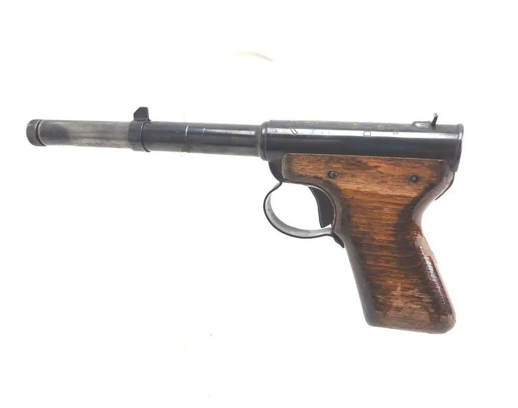 British, Diana Model Number 2 Gat Type Air Pistol, with smooth wooden ...