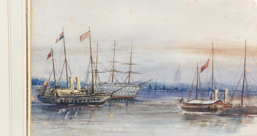 Victorian Watercolour Of HMS Victory Firing A Broadside In Portsmouth ...