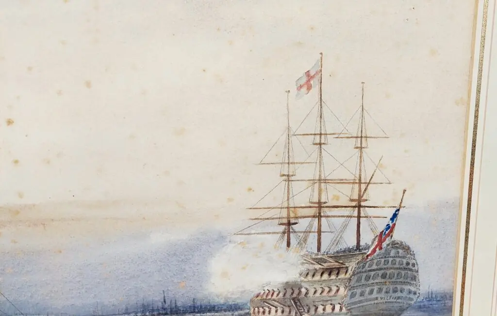 Victorian Watercolour Of HMS Victory Firing A Broadside In Portsmouth ...
