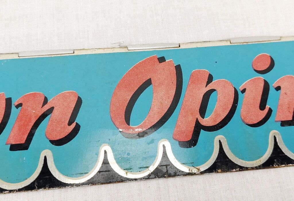 Vintage London Opinion Tin Shop Counter Sign - Sally Antiques