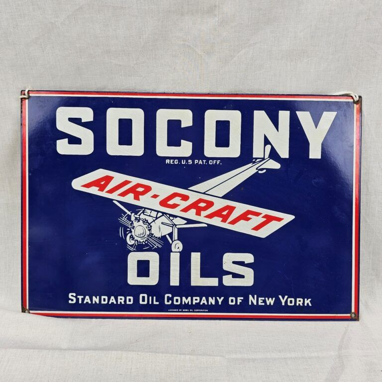 Vintage Enamel Socony Aircraft Oils Sign - Sally Antiques