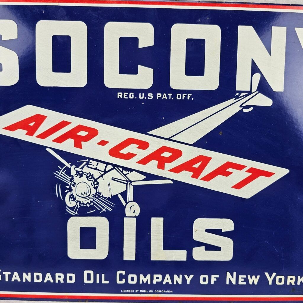 Vintage Enamel Socony Aircraft Oils Sign - Sally Antiques