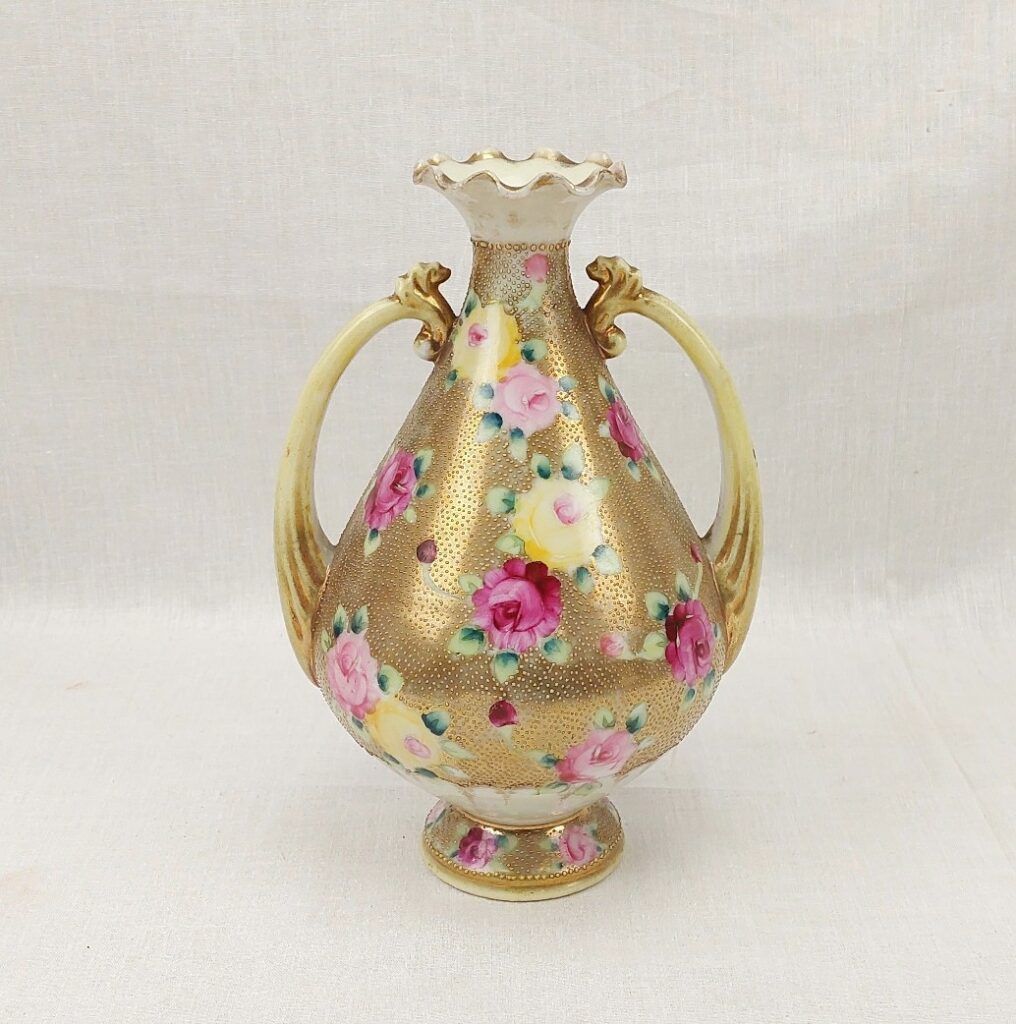 c1850 Japanese Nippon Porcelain Vase With Gilt And Roses - Sally Antiques