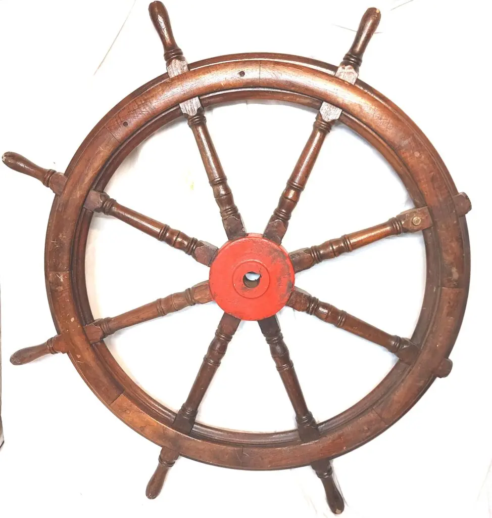 19th Century, Large Oak and Brass Ships Wheel with Red Boss and Tiller ...
