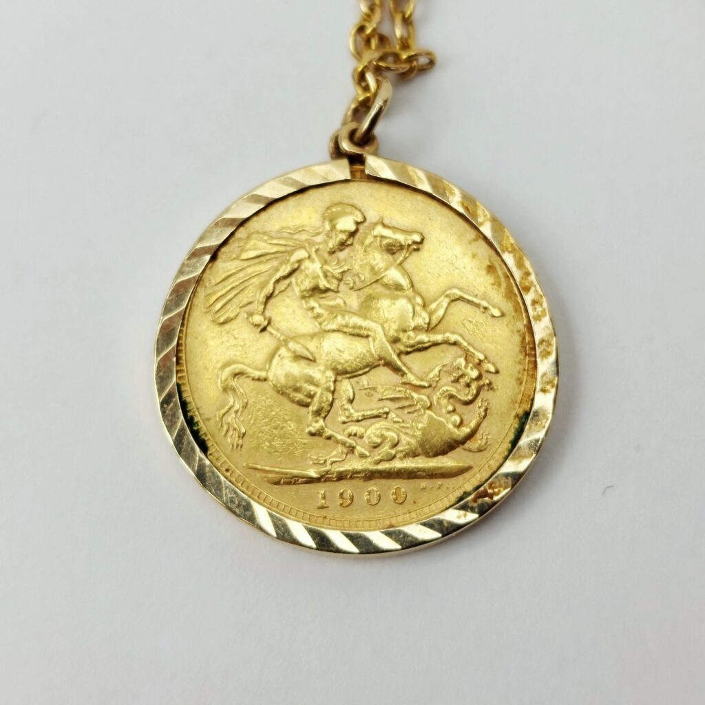 Gold Mounted 1900 Full Gold Sovereign on 18Ct Gold Chain - Sally Antiques