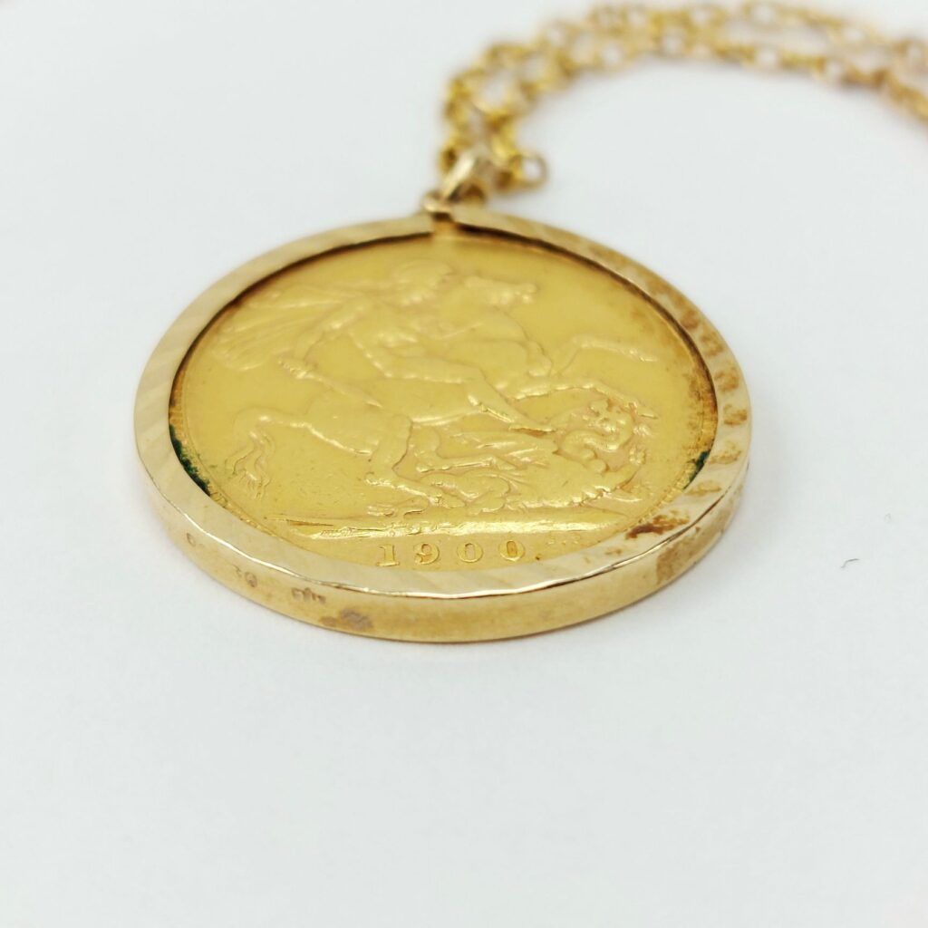 Gold Mounted 1900 Full Gold Sovereign on 18Ct Gold Chain - Sally Antiques