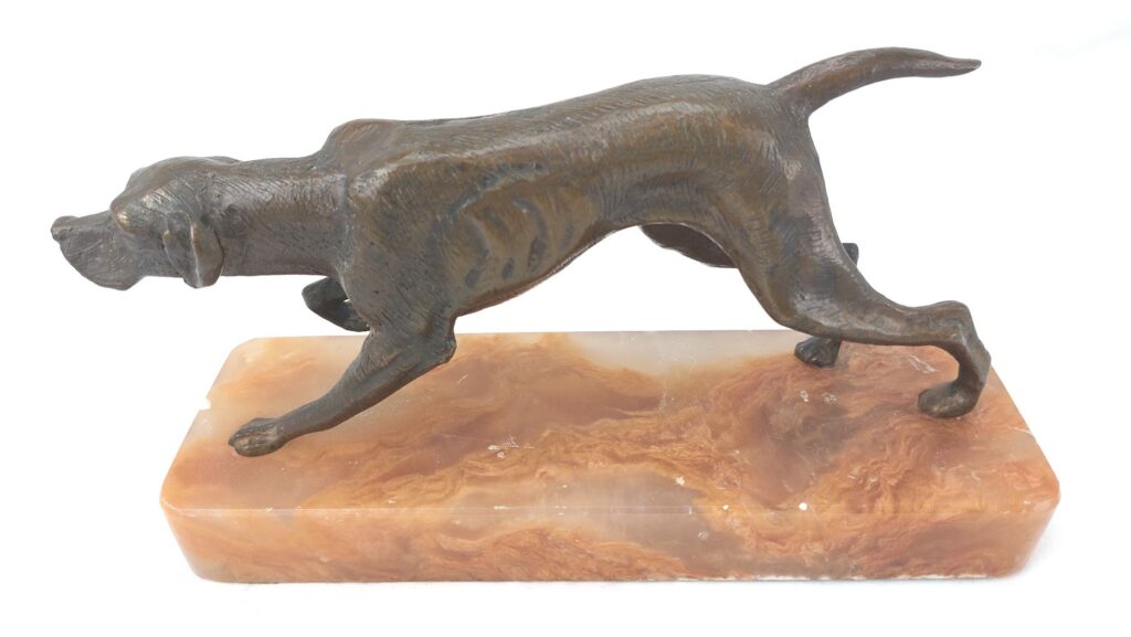 Pointer Dog Sculpture, Bronze on Quartz - Sally Antiques