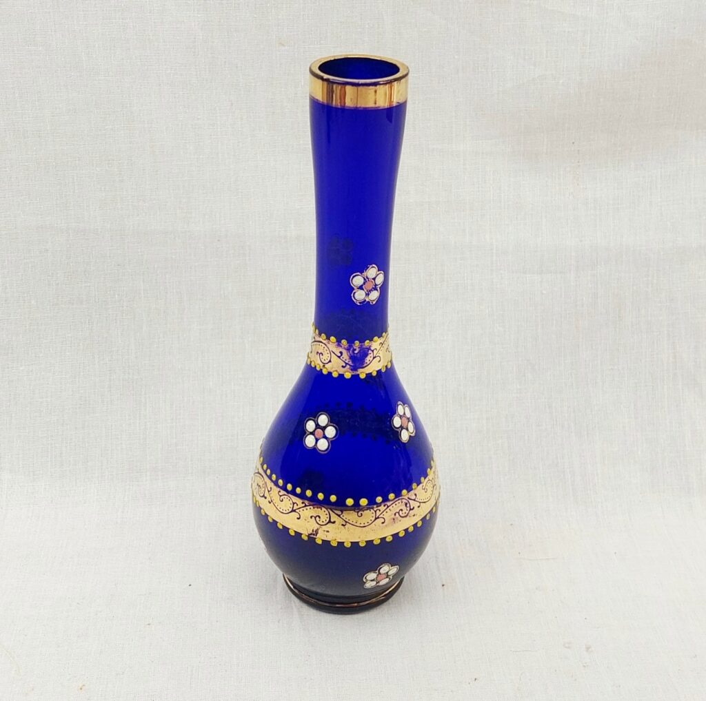 Victorian Bristol Blue Enamelled Glass Vase - Sally Antiques
