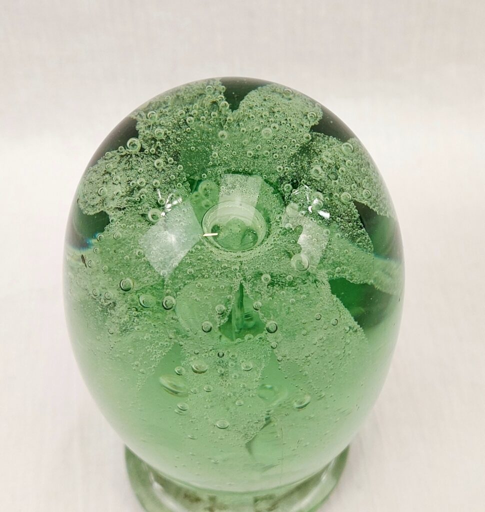 Victorian Green Floral Dump Glass Paperweight With Base - Sally Antiques