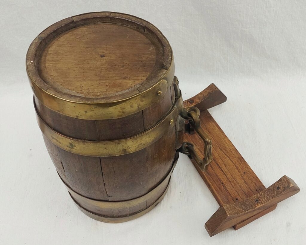 Antique Brass Bound Oak Spirits Keg With Stand - Sally Antiques