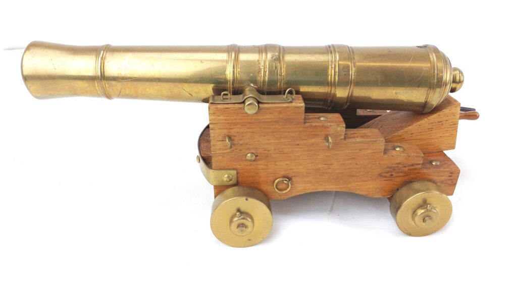British, 18th Century, Solid Brass Naval Model Cannon on Wooden Truck ...