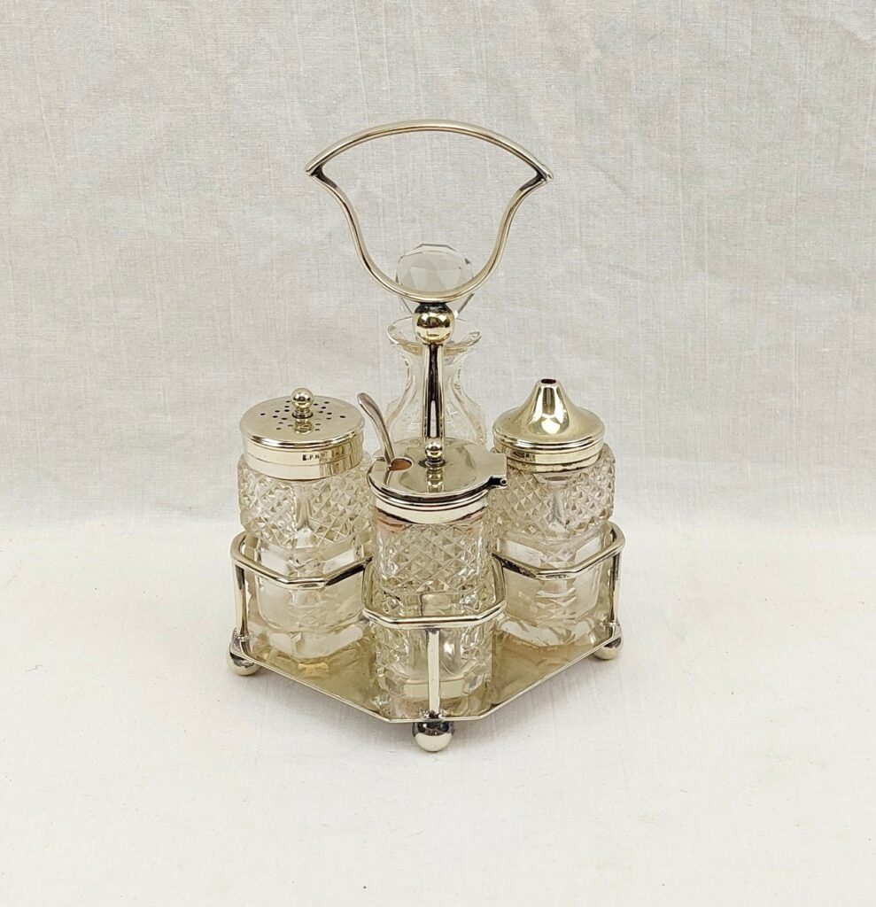 Cut-Glass Cruet Set on Silver-Plated Stand - Sally Antiques